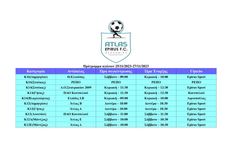 Πρόγραμμα αγώνων 25-27 Νοεμβρίου - Atlas Epirus F.C.